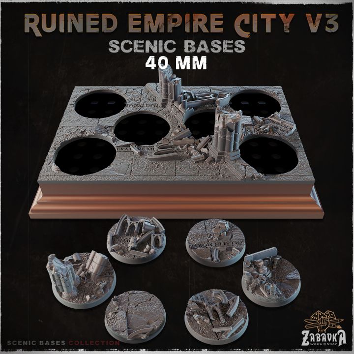 3D Printable Ruined Empire City V3 - Scenic Bases (40mm Bases) by Zabavka Workshop